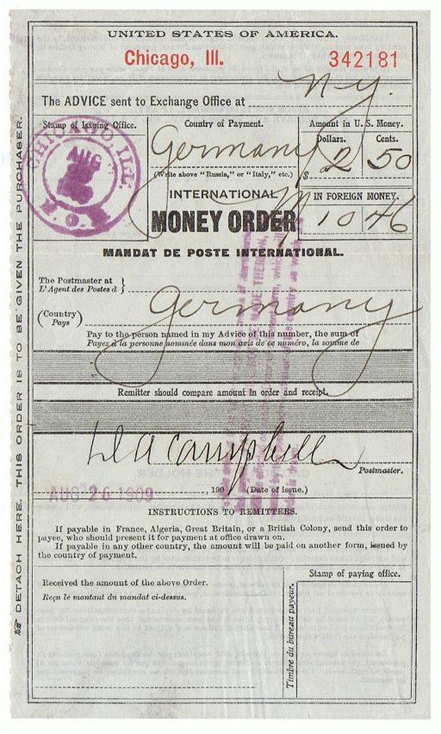 1909. USA. Chicago, IL. Int’l Money Order. – Just Money
